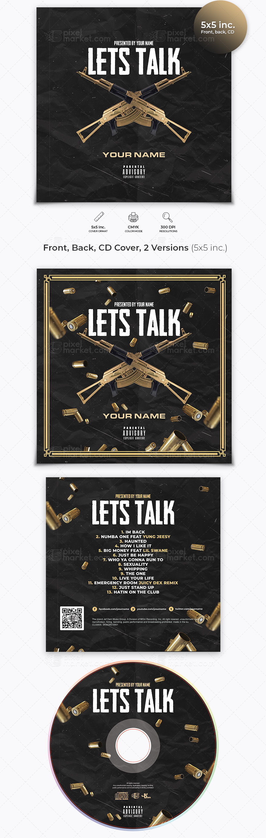 Lets Talk Gold Ak 47 CD Mixtape Rap Album Cover Template | 5pixelmarket