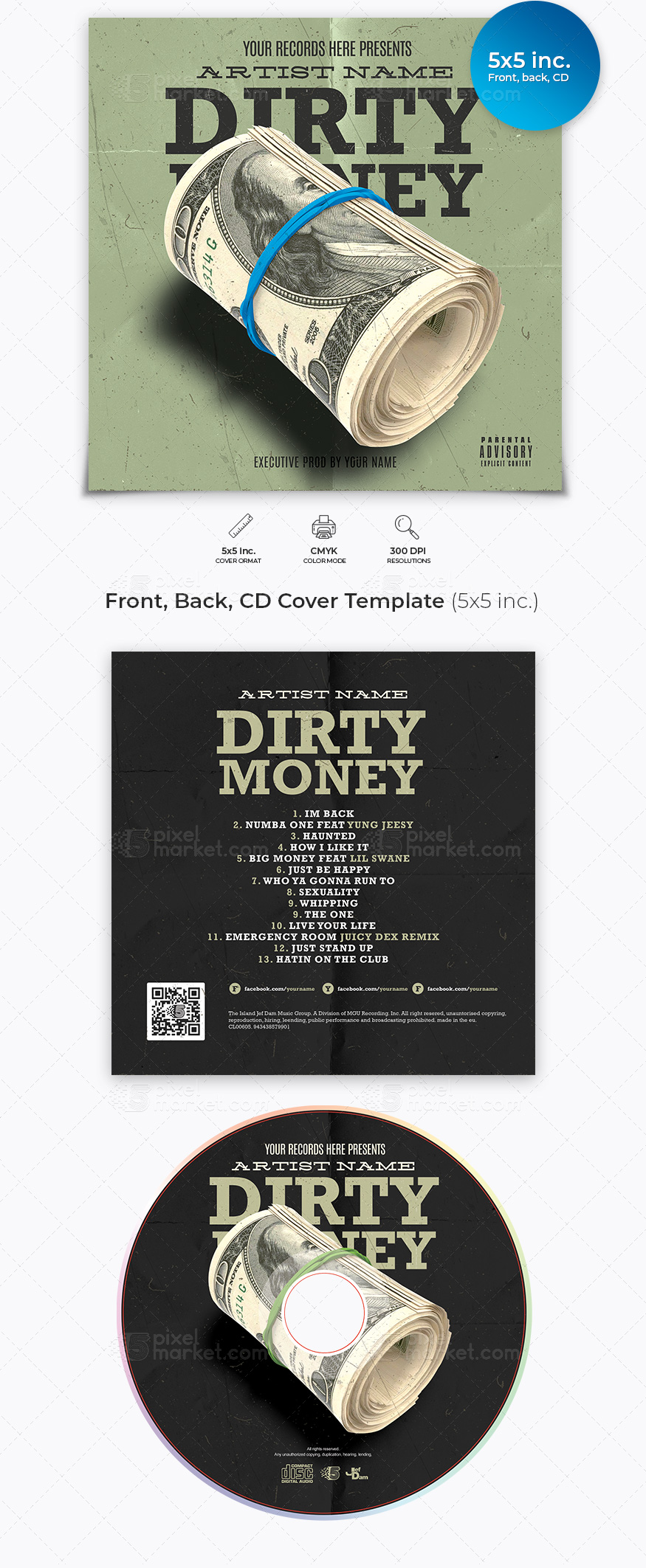 Dirty Money Trap CD Mixtape Rap Album Cover Template | 5pixelmarket